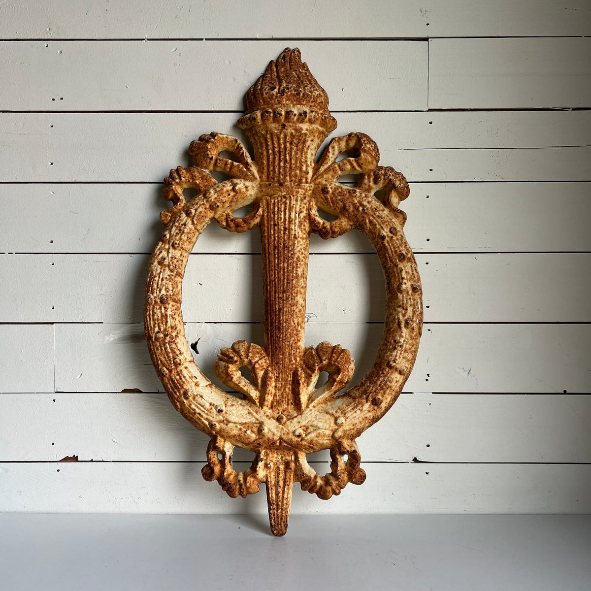 Cast Iron Liberty Torch, Wreath & Ribbon Wall Object– Linen + Lore Home